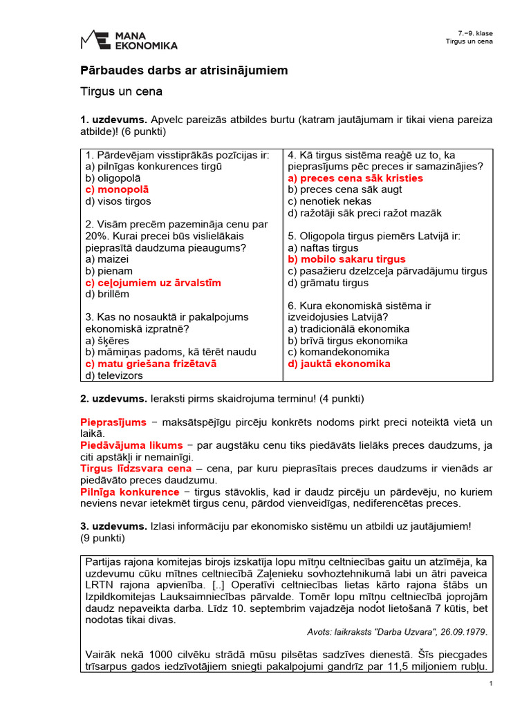 7-9 Klase 2 Tirgus PD Skolotajam Ar Atbildem Un Papilduzd Word | PDF