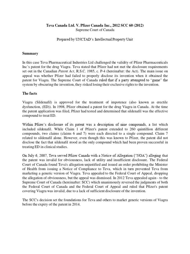 SCC Ruling on Viagra Patent Disclosure | PDF | Patent | Property Law
