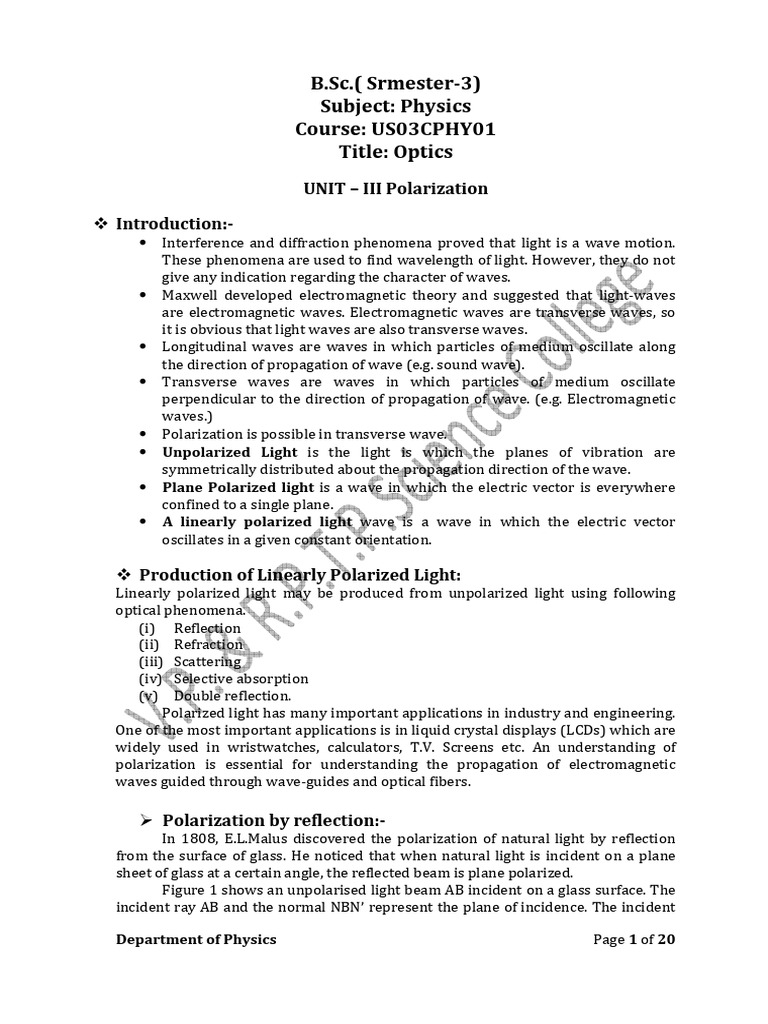 Us03cphy01 Unit3 Polarization Pmp Pdf Polarization Waves Waves