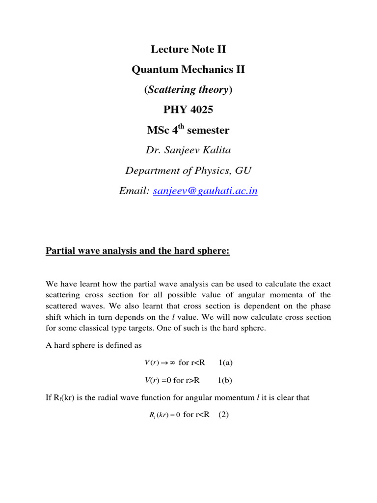 QM LS - 2 - Partial Wave Analysis and The Hard Sphere | PDF | Mechanics | Quantum Mechanics