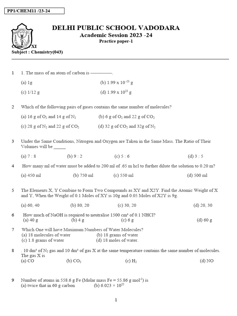 Chemistry Assignment 1 Class 11 | PDF | Molar Concentration | Mole (Unit)