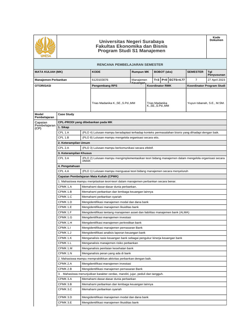 RPS Manajemen Perbankan | PDF