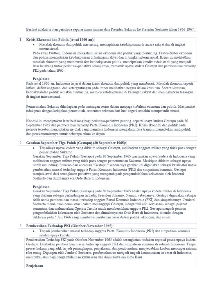Berikut Adalah Urutan Peristiwa Seputar Masa Transisi Dari Presiden Sukarno Ke Presiden Soeharto ...
