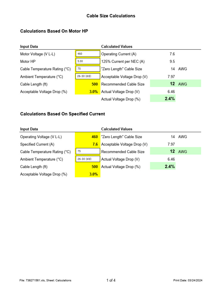 Cable Size Calculations Spreadsheet | PDF | Manufactured Goods ...