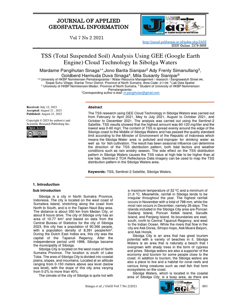 TSS Total Suspended Soil Analysis Using GEE Google | PDF