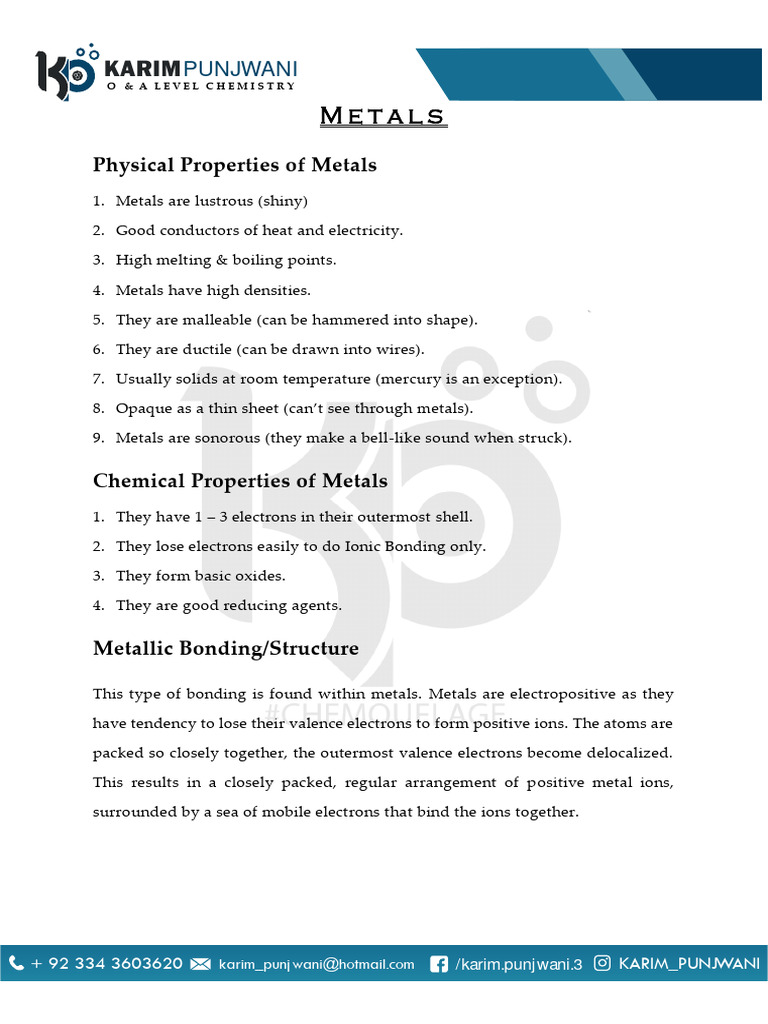 Metals Notes KP LH | PDF | Metals | Chemical Bond