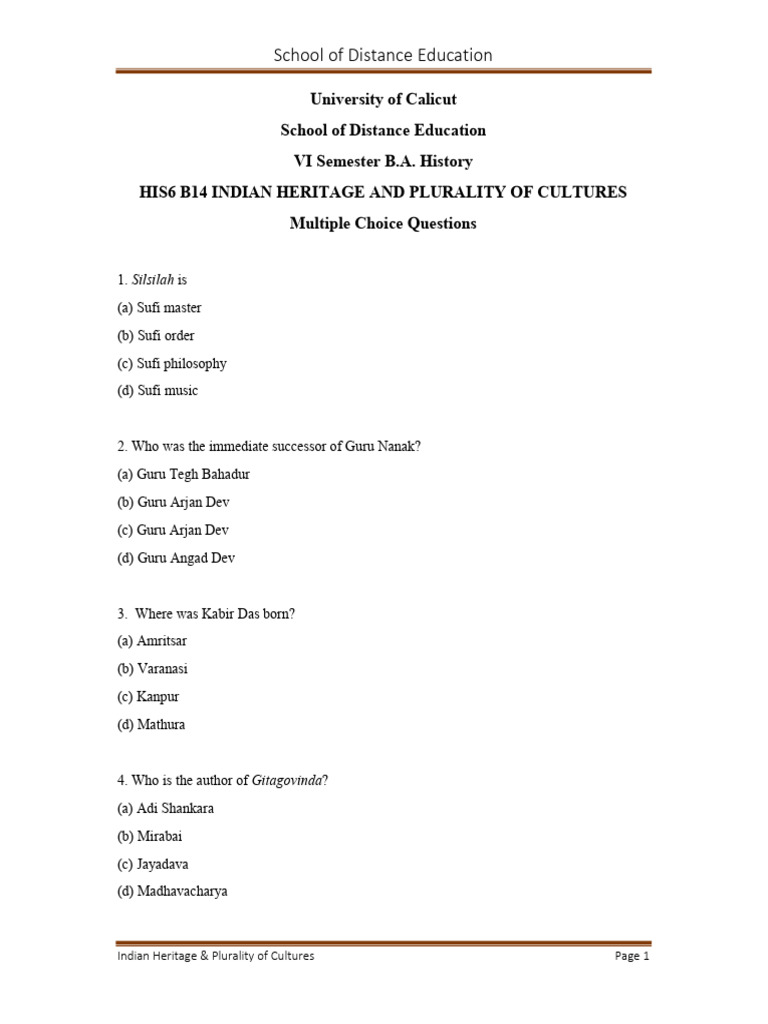 MCQ-Indian Heritage and Plurality Anas | PDF | Travel