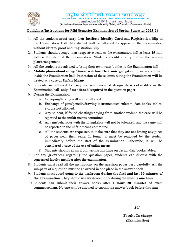 Seat Plan and Guidelines To The Students For Mid Semester Examination ...