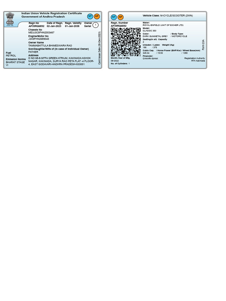 Indian Union Vehicle Registration Certificate Government of Andhra ...