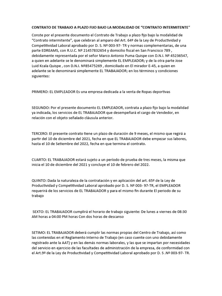 Contrato de Trabajo - Intermitente | PDF | Derecho laboral | Economias