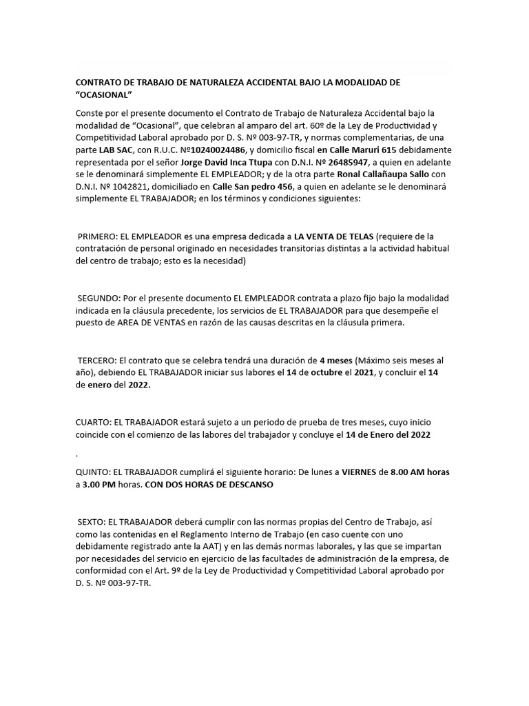 Contrato - Ocacional | Descargar gratis PDF | Derecho laboral | Economias