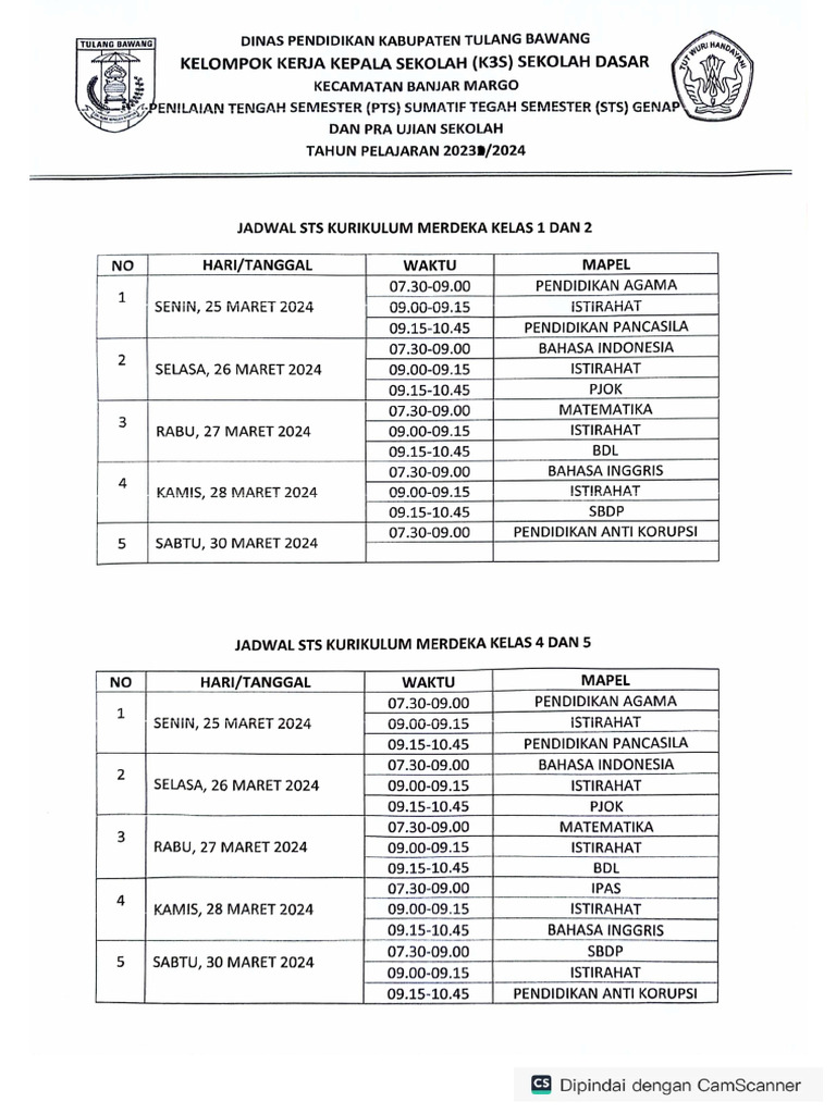 Jadwal Pra Us, PTS, Dan STS Genap 2024 | PDF