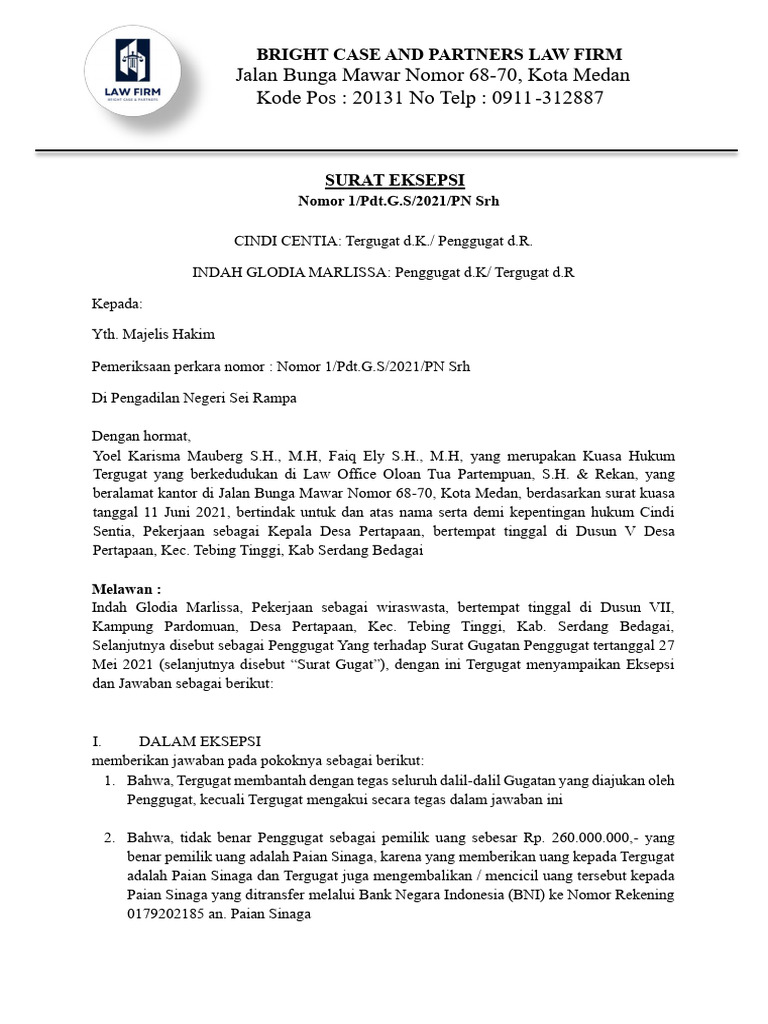 SURAT EKSEPSI (Perdata Kel 3) | PDF