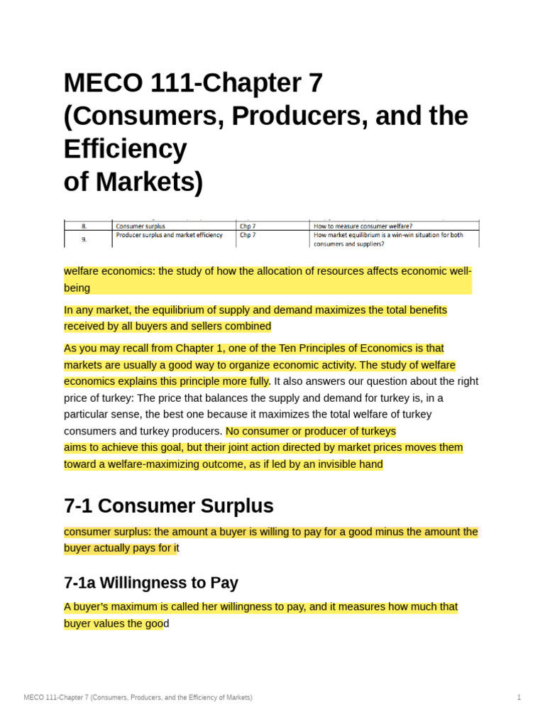 MECO 111-Chapter 7 (Consumers, Producers, and The Efficiency of The ...