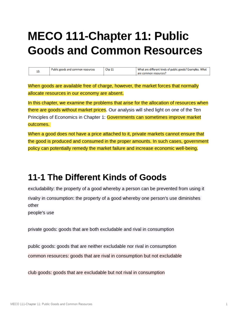 MECO 111-Chapter 11 Public Goods and Common Resources | PDF