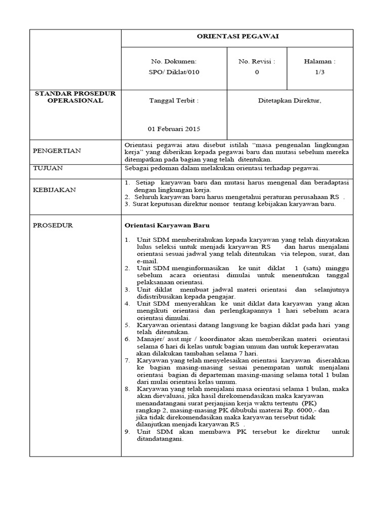 SOP ORIENTASI KARYAWAN BARU Sudah Selesai | PDF