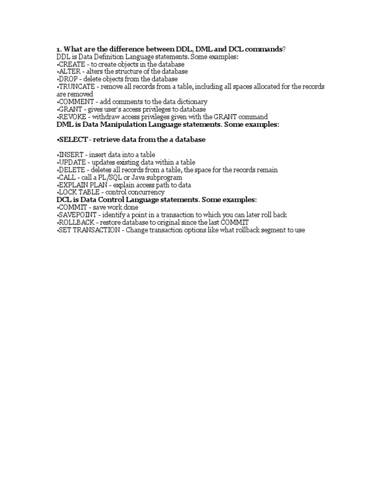 DDL, DML, and DCL Command Differences | PDF