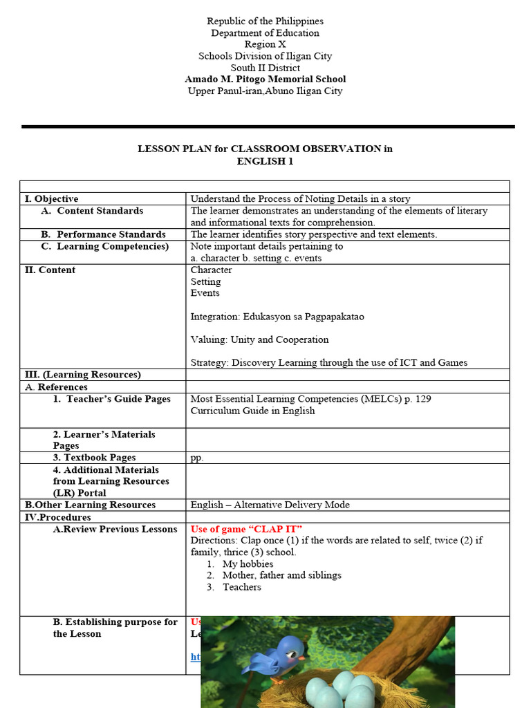 Co Lesson Plan English 1 N | PDF