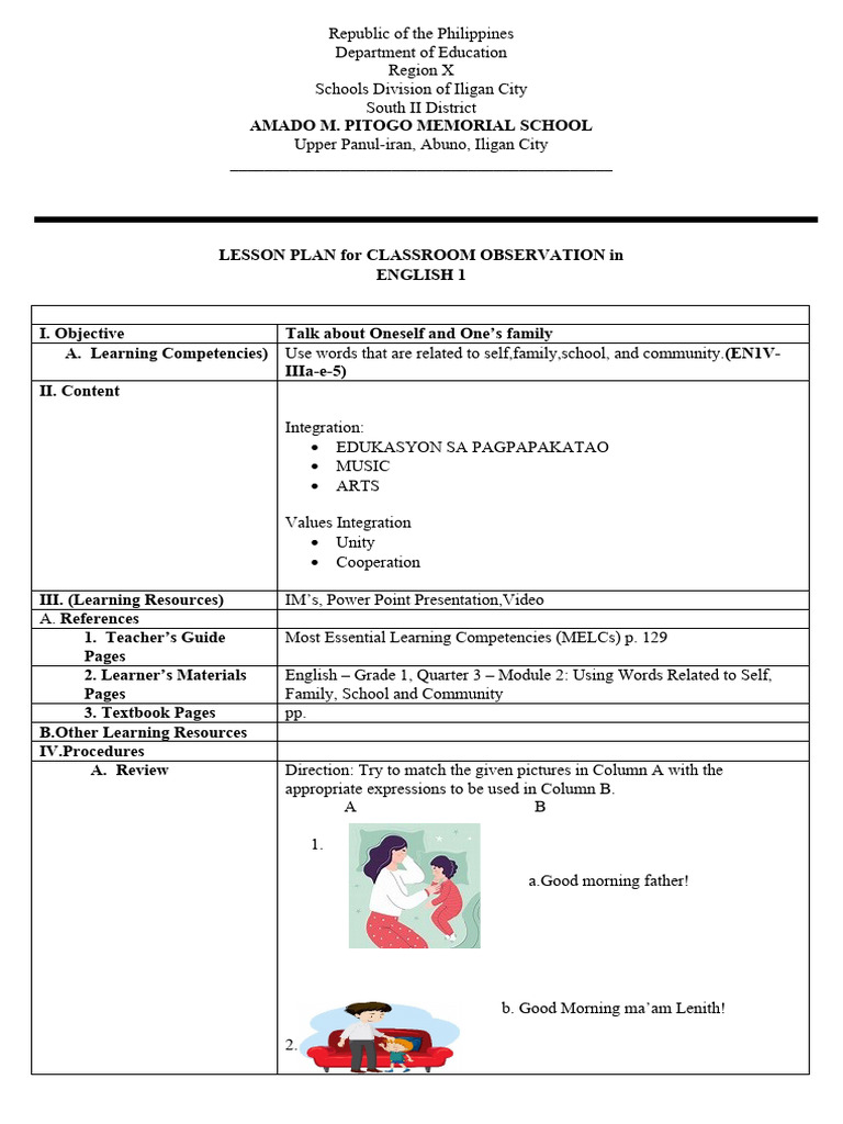 English 1 Lesson Plan Self, Family | PDF | Lesson Plan | Learning
