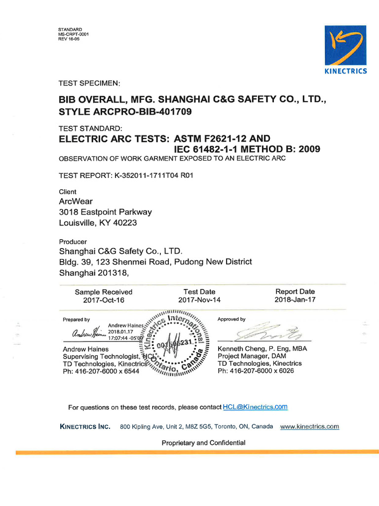 45cal Bib Overall ASTM F2621 Test Report | PDF