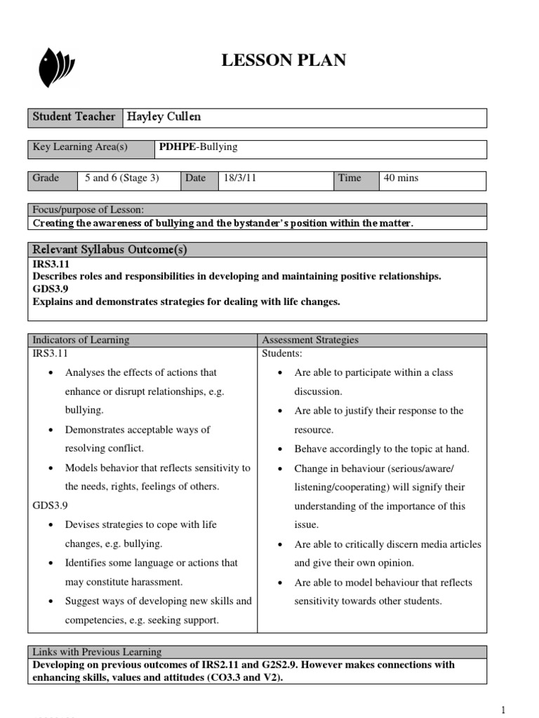 Lesson Plan 1 for Pdhpe | Bullying | Lesson Plan