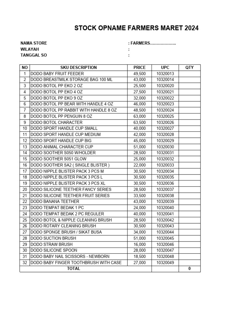 Form Stock Opname Farmers Mar 2024 | PDF | Food Storage | Consumer Goods