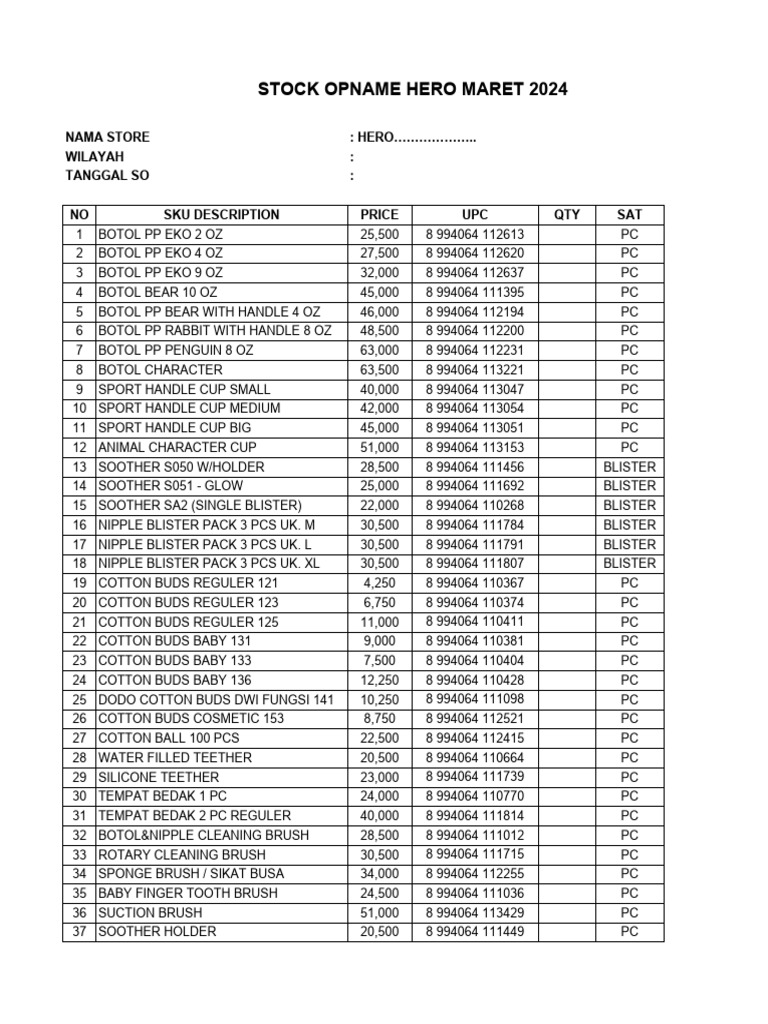 Form Stock Opname Hero Mar 2024 | PDF | Domestic Implements
