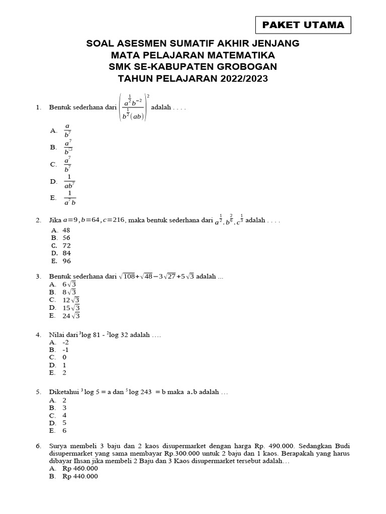 Soal Utama Asesmen Sumatif Akhir Jenjang Matematika 2023 | PDF | Metode ...