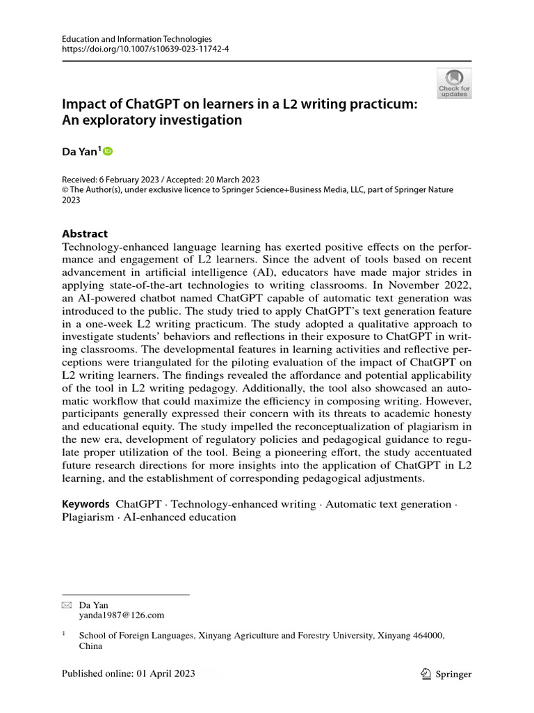 Impact of ChatGPT On Learners in A L2 Writing Practicum: An Exploratory Investigation | PDF ...