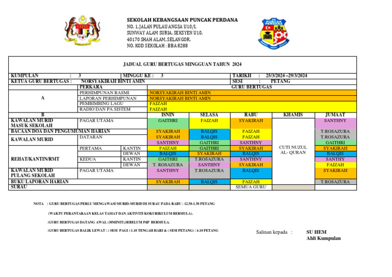 Jadual Bertugas K3 M3 | PDF