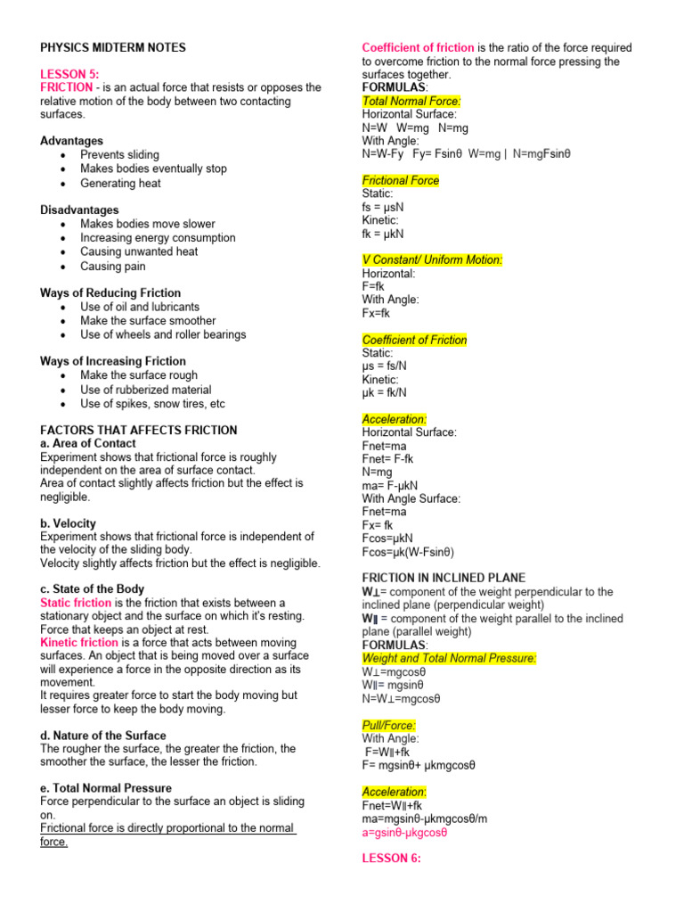 Midterm Physics Reviewer | PDF | Friction | Force