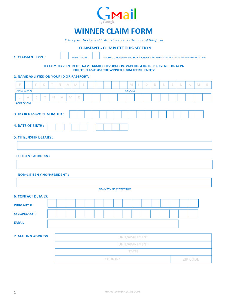 Gmail Prize Claim Form | PDF | Gmail | Payments
