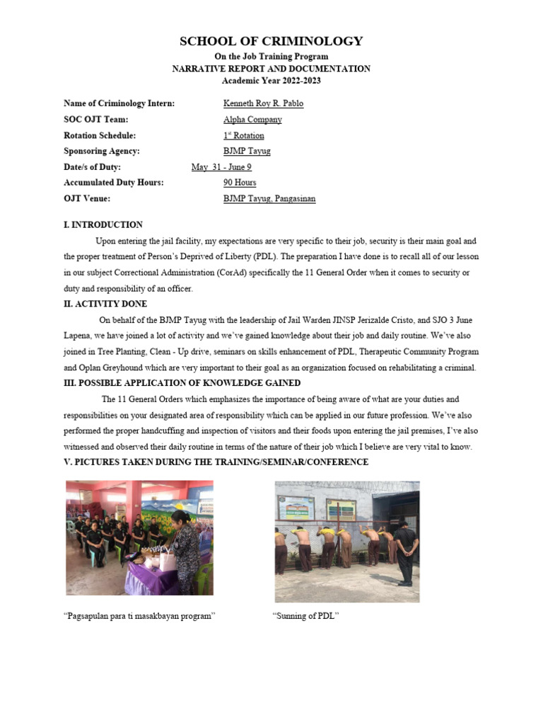 OJT Narrative Report: BJMP Tayug Experience | PDF | Social Science