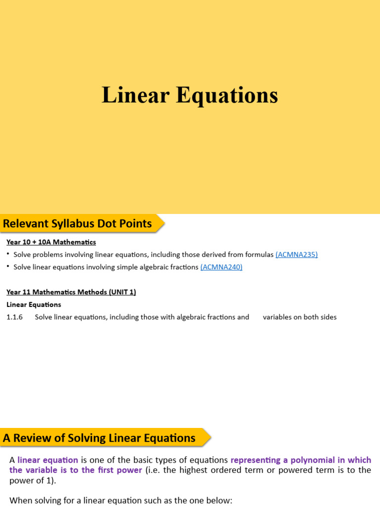 Ex 4A - Linear Equations (Algebraic Aspects) | PDF | Equations | Mathematics