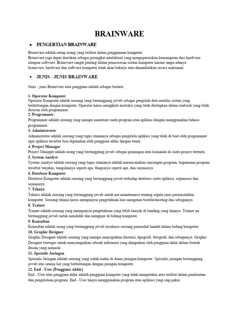 Jenis-Jenis Brainware dalam Komputer | PDF | Komputer | Teknologi & Rekayasa