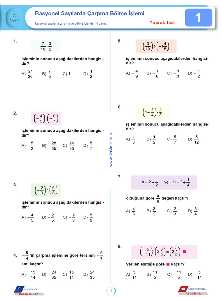 9 Rasyonel Sayilarda Carpma Bolme 1 | PDF