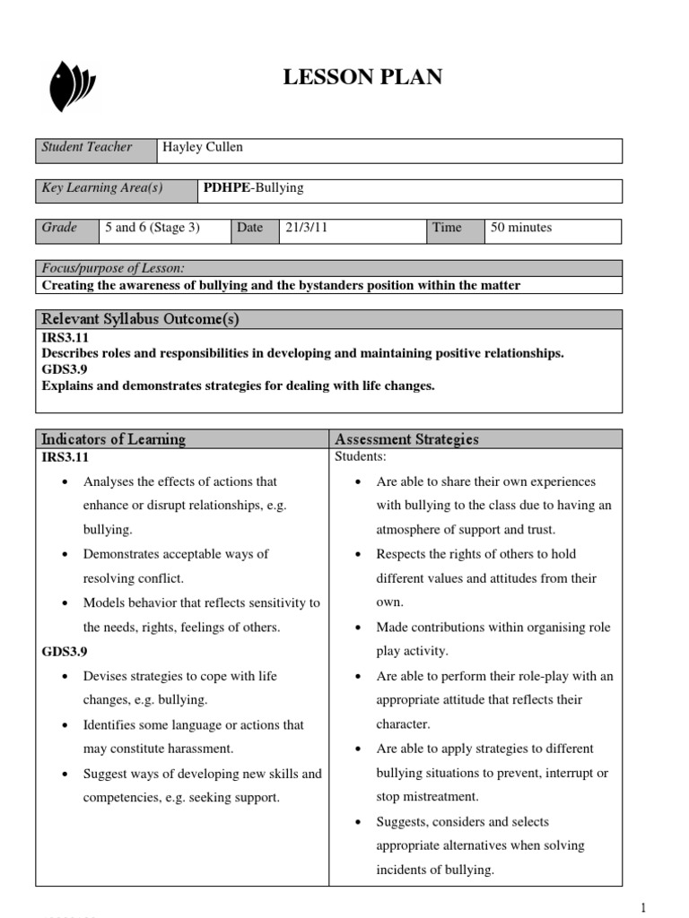 Lesson Plan 2-For Pdhpe | PDF | Bullying | Lesson Plan