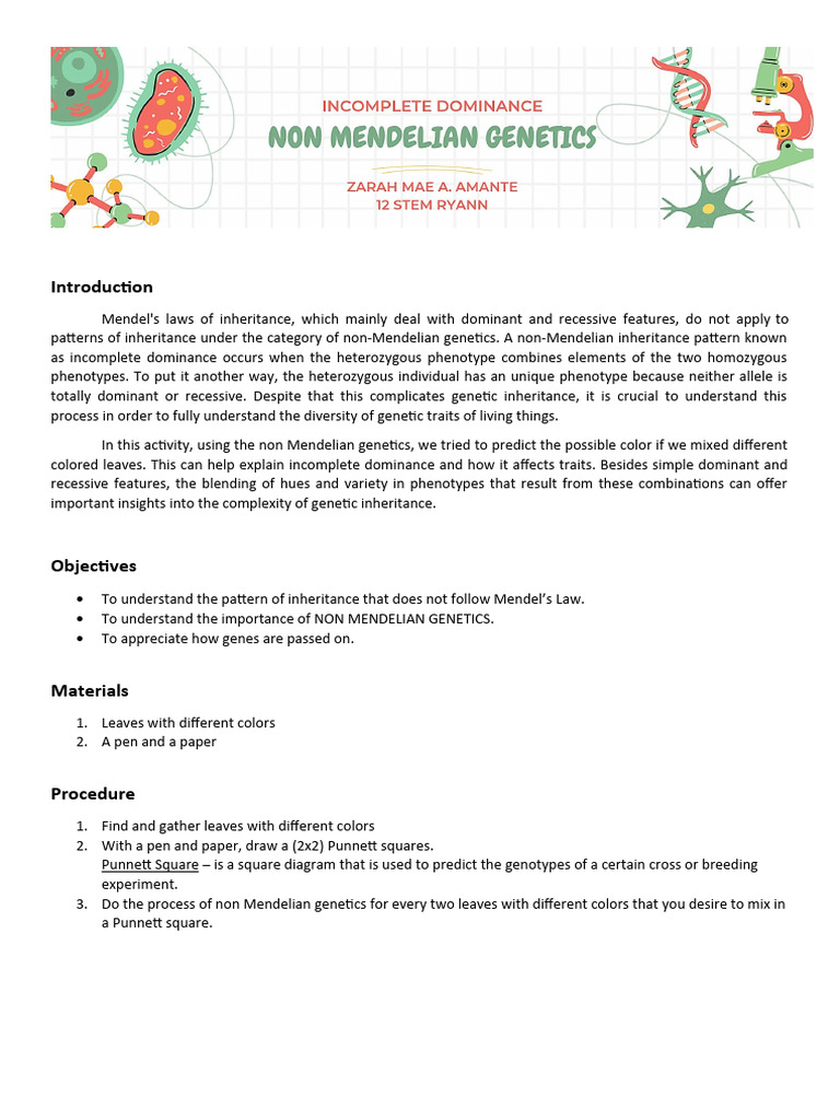 NON-MENDELIAN GENETICS Activity | PDF | Dominance (Genetics) | Genetics