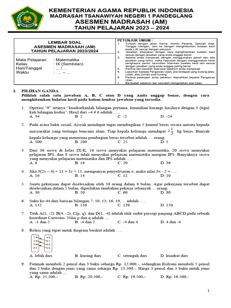 Soal AM Matematika MTs 2024 | PDF