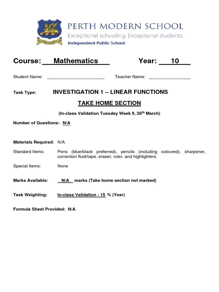 Year 10 Investigation 1 - Linear Functions TAKE HOME (Updated) | PDF | Mathematical Model ...