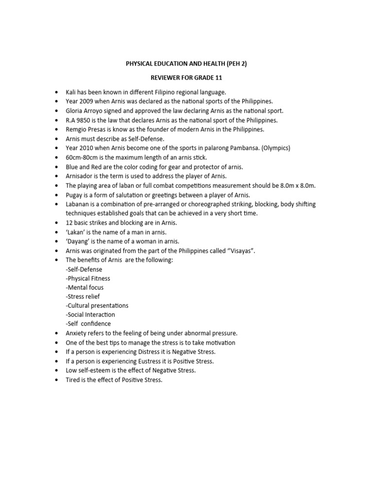 Grade 11 PEH Arnis Reviewer | PDF