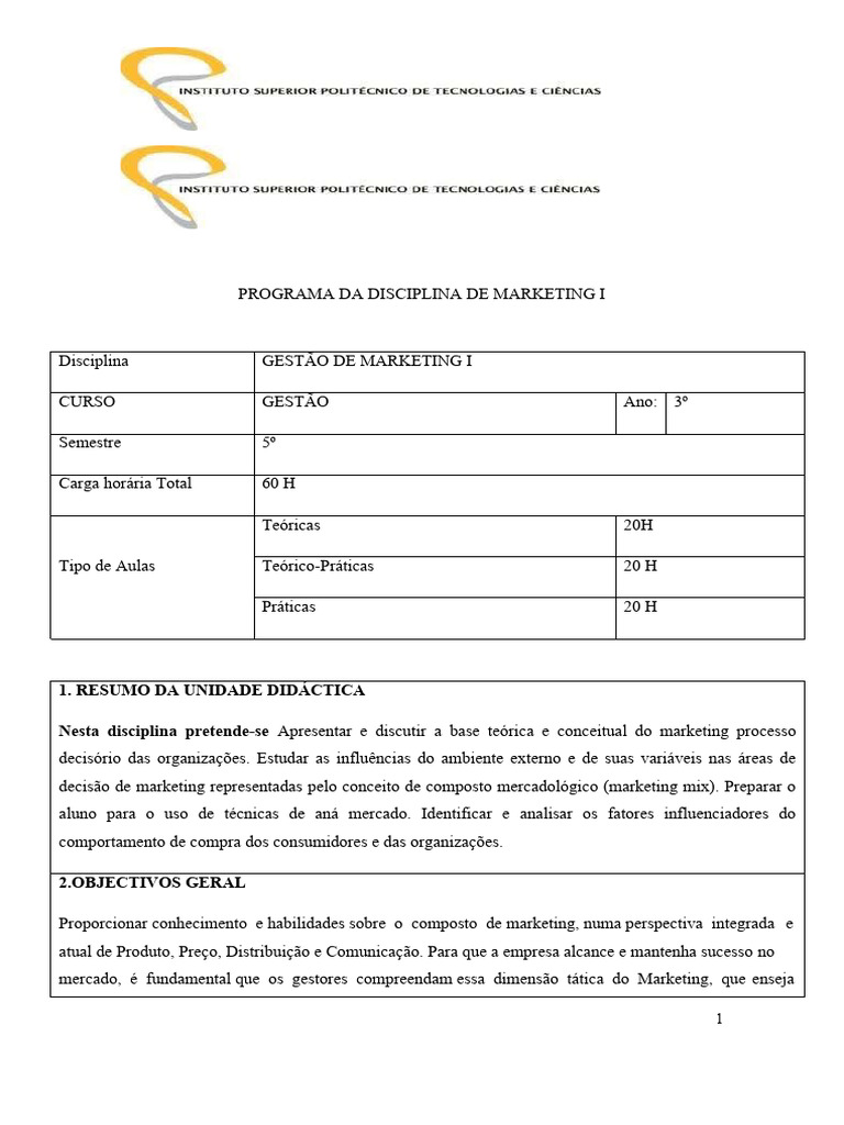 Programa de Marketing I 2023-2024 | PDF