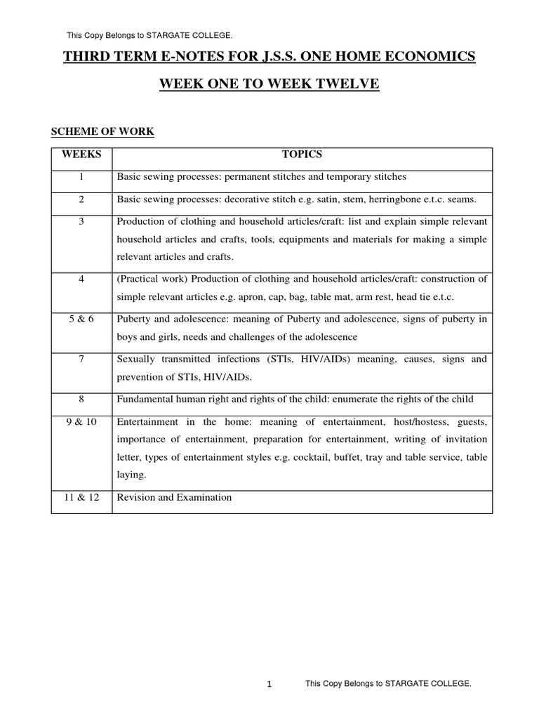 3rd Term HOME ECONS JSS1 | PDF | Seam (Sewing) | Sexually Transmitted Infection