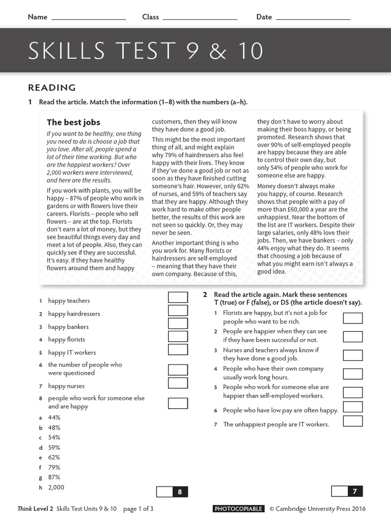 Think Level 2 Skills Test Units 9-10 | PDF