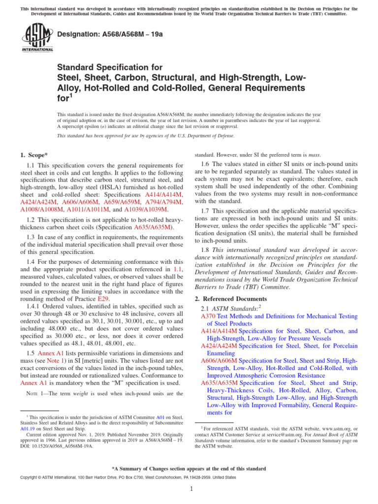 A568A568M-2019 - (Gral Req for-SteelSheet-Carbon, Structural-HSLA-HR&CR) 30pg | PDF | Rolling ...