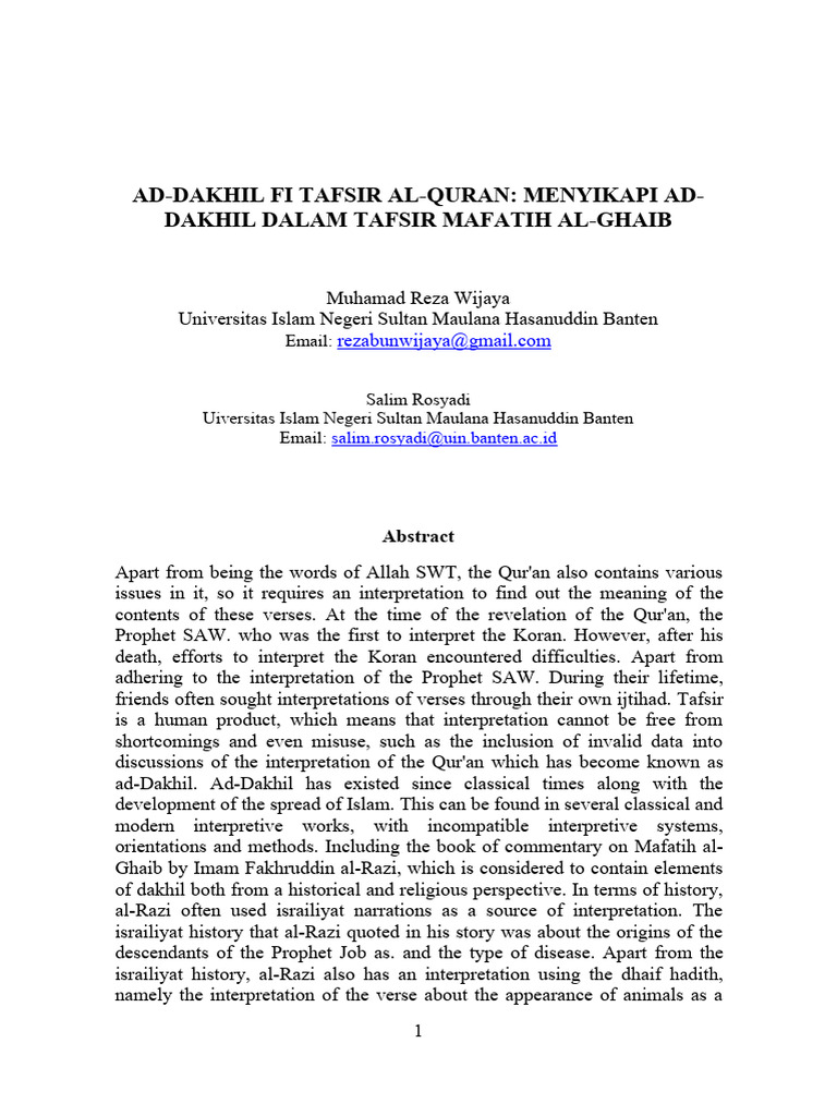 Ad-Dakhil in Tafsir Mafatih al-Ghaib | PDF | Islamic Texts | Semitic Words And Phrases