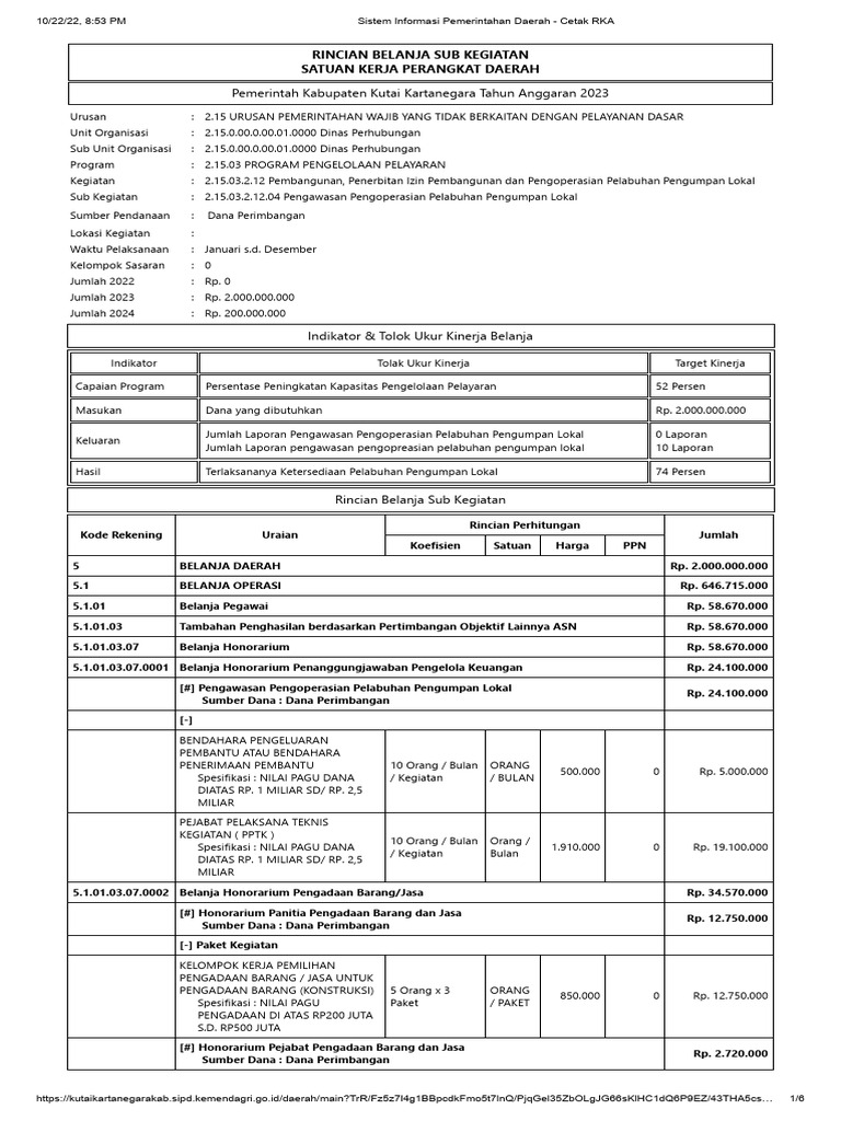 Rka Sipd 2023 Pengawasan Pengoperasian Pelabuhan Pengumpan Lokal 2M | PDF