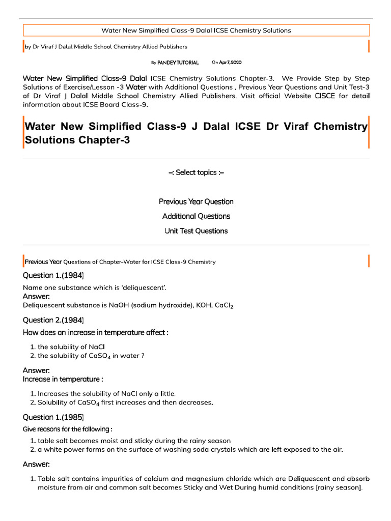 Water - New Simplified Class-9 J Dalal ICSE DR Viraf Chemistry | PDF