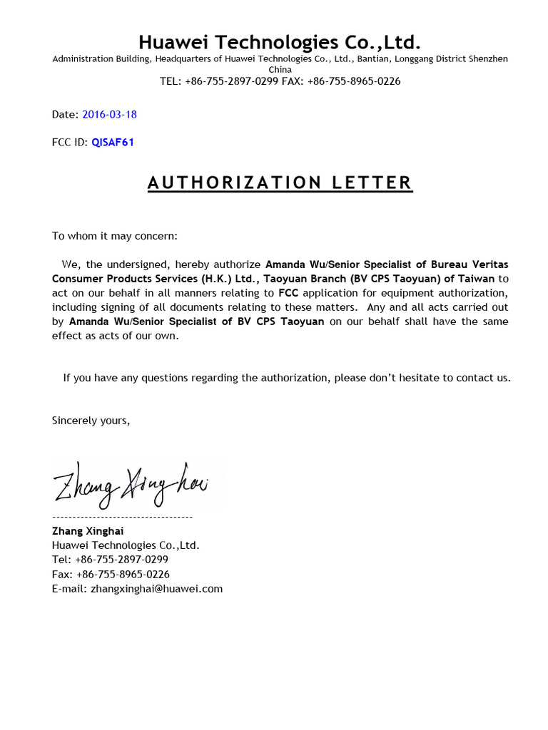 Huawei Authorization Letter for FCC | PDF