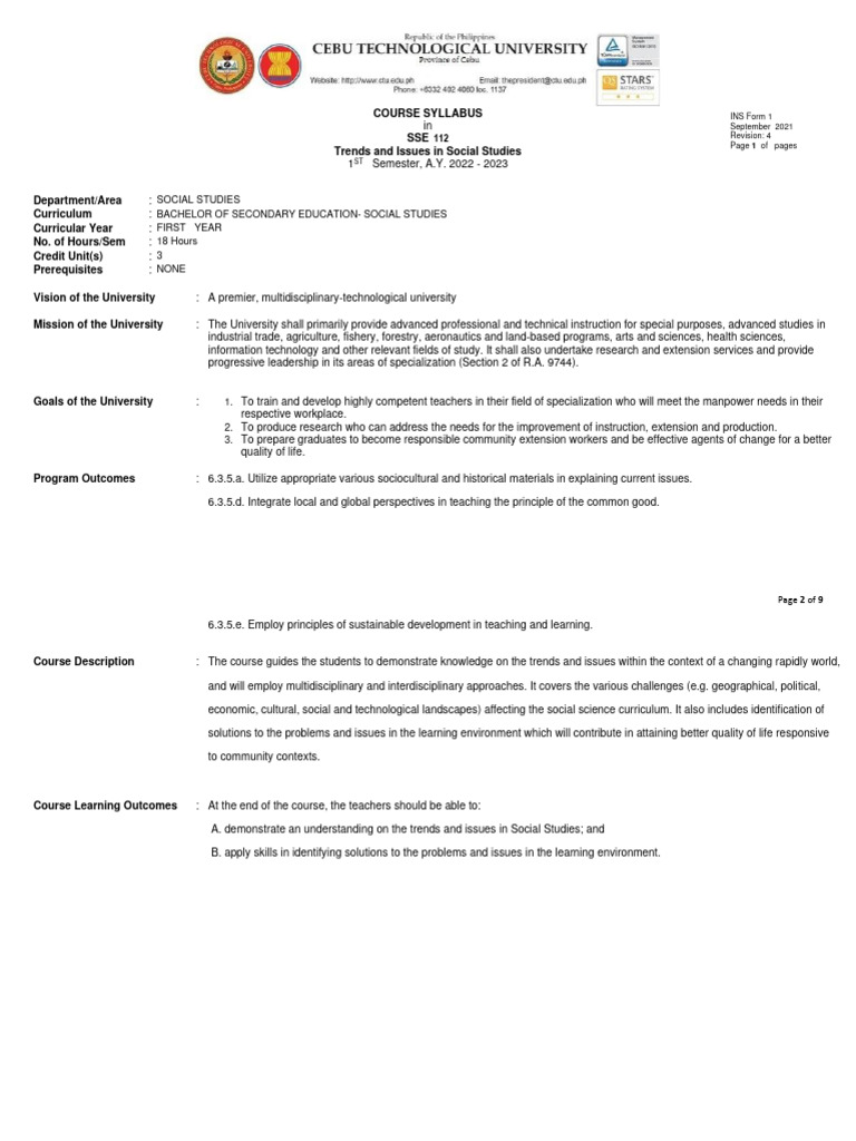 SSE 112 - Trends and Issues in Social Studies - Course Syllabus | PDF ...